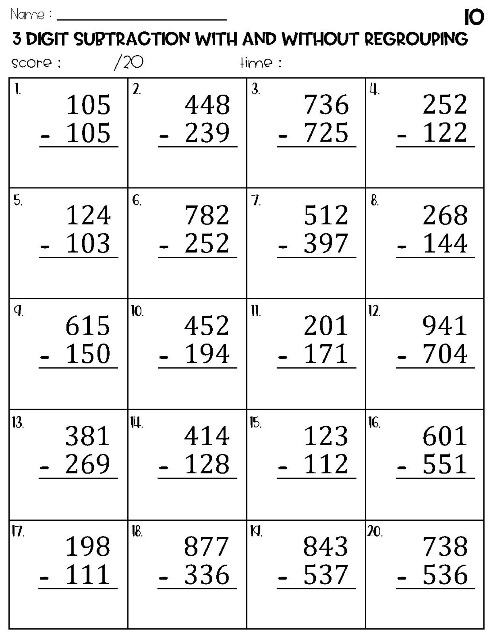 Three Digit Subtraction With and Without Regrouping Worksheets - Etsy