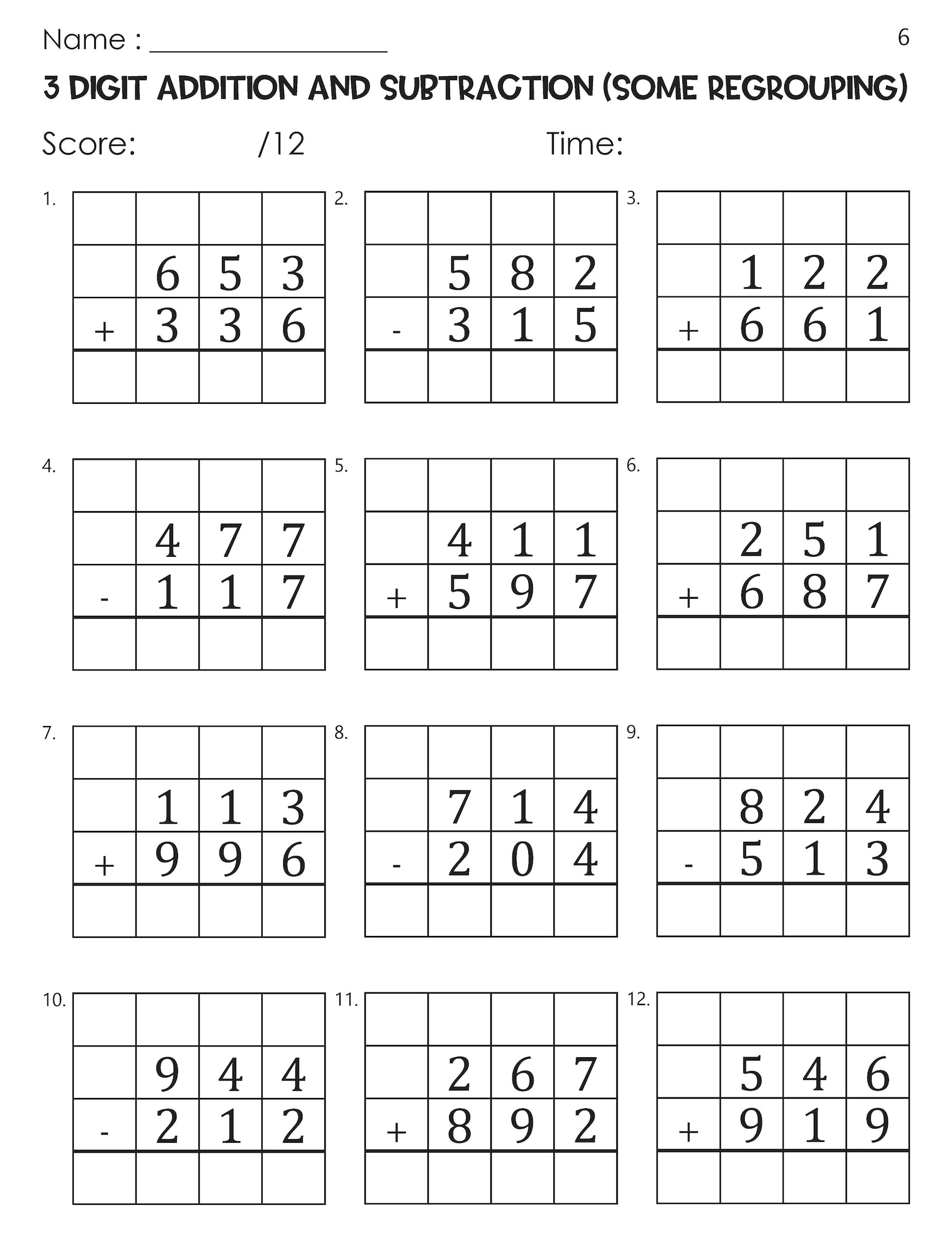 Three Digit Mixed Addition and Subtraction Some Regrouping With Grid ...