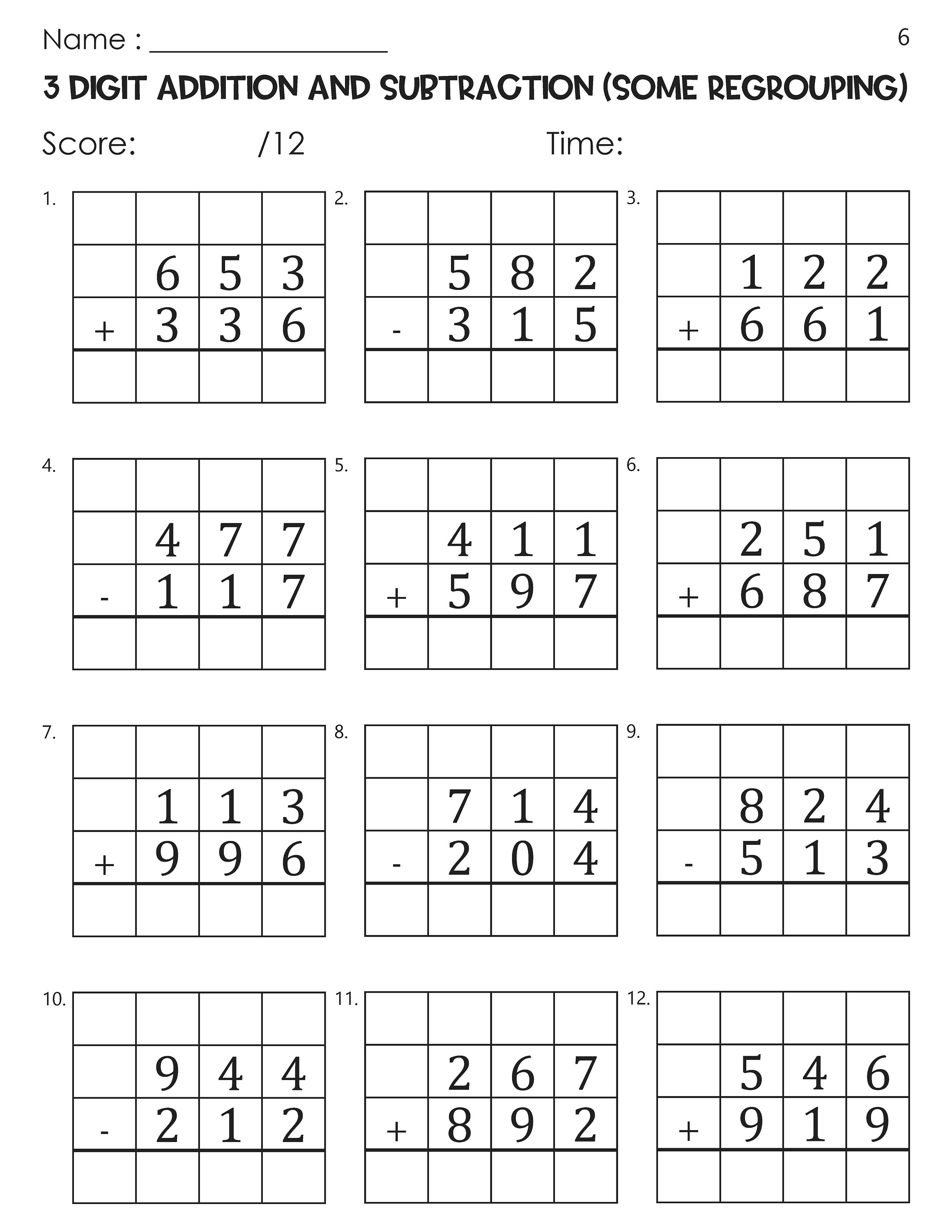Suma y resta mixtas de tres dígitos, algunas reagrupaciones con hojas ...