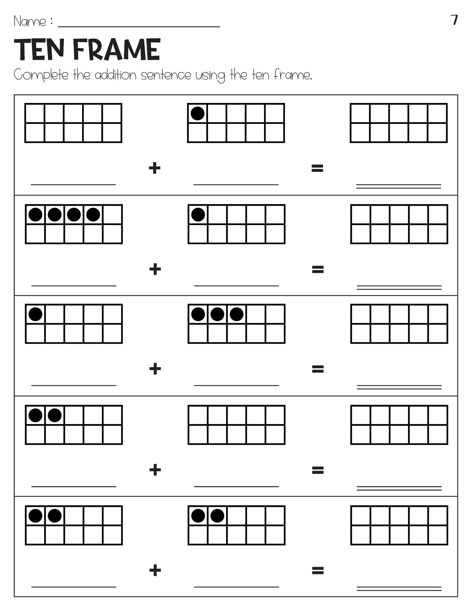 Addition Within 5 With Ten Frame Pictures Worksheets - Etsy