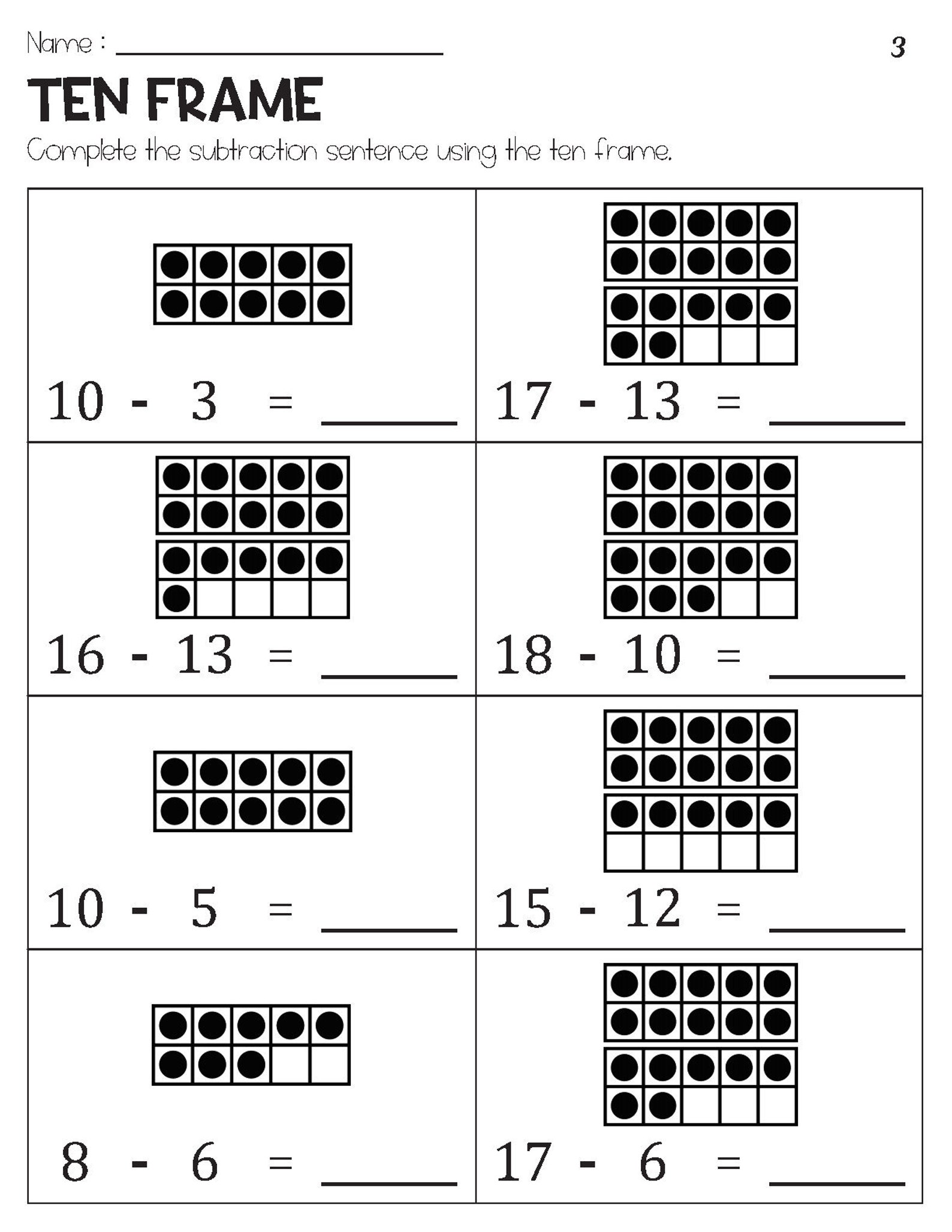 Subtraction Within 20 With Ten Frame Pictures Worksheets - Etsy
