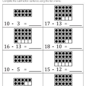 Subtraction Within 20 With Ten Frame Pictures Worksheets - Etsy