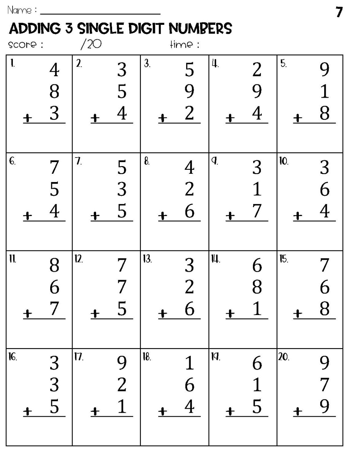 Adding 3 Single Digit Numbers Worksheets - Math Timed Test Addition - Etsy