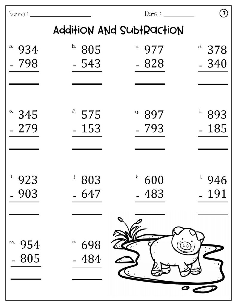 3 Digit Addition and Subtraction Worksheets - SET2 Farm Theme Math ...