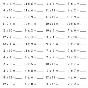 Multiplication 1-12 Math Timed Tests Speed Drills Worksheets - Etsy