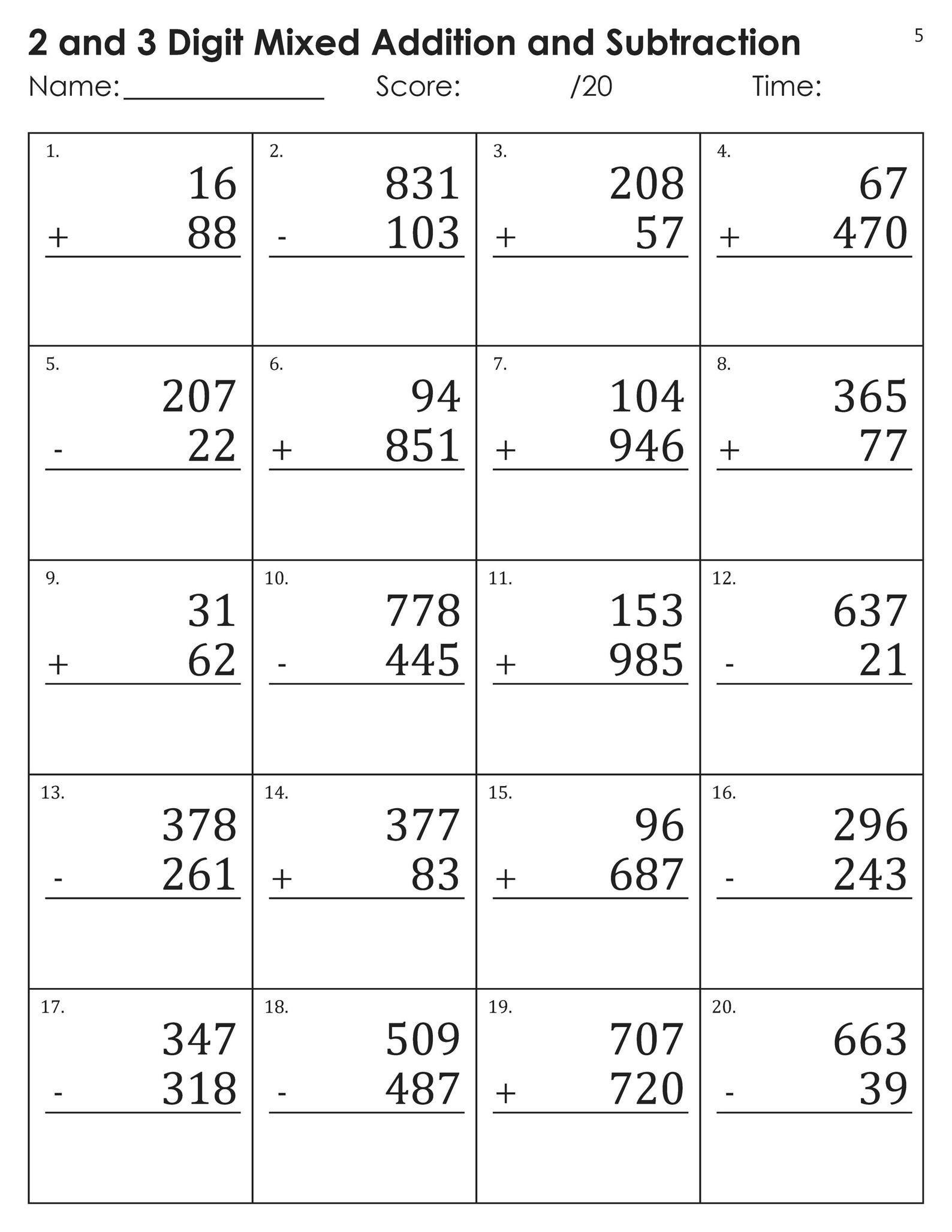 2 and 3 Digit Mixed Addition and Subtraction With Some Regrouping ...