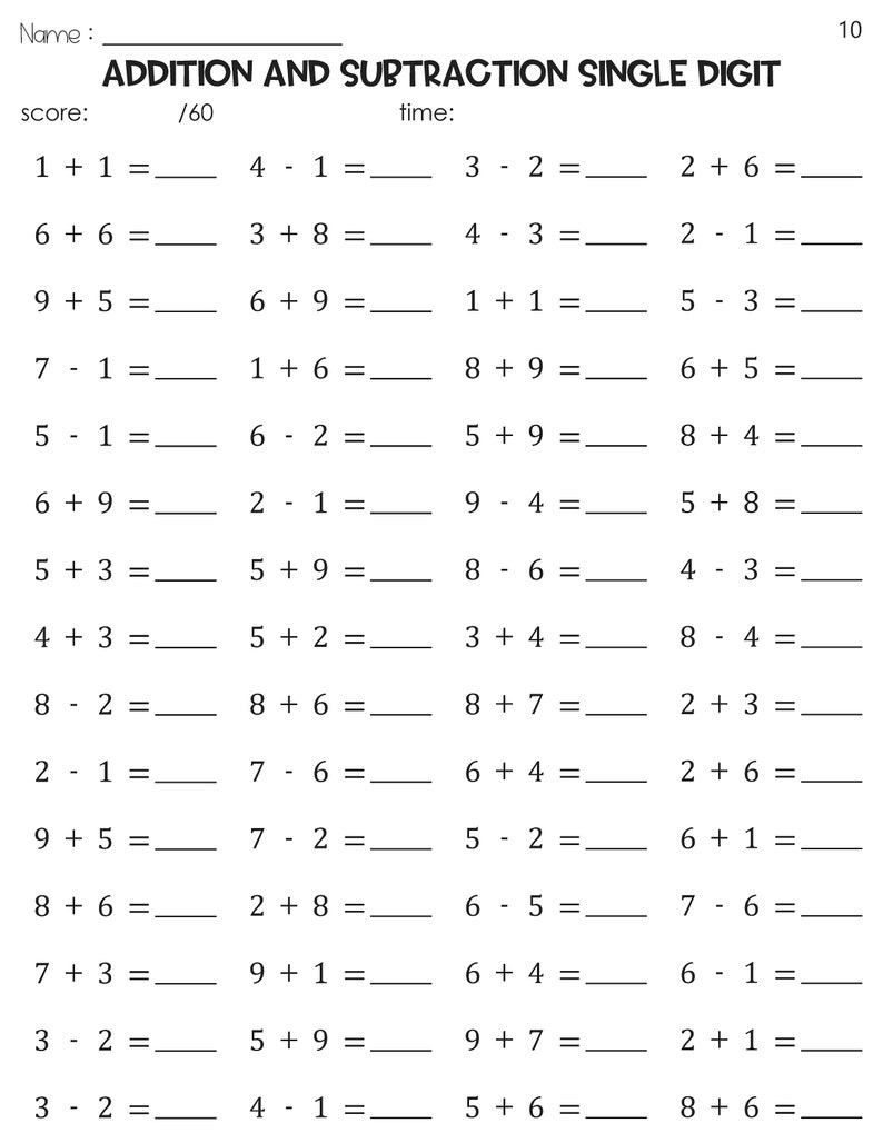 Addition and Subtraction Single Digit Math Timed Tests Speed Drills ...