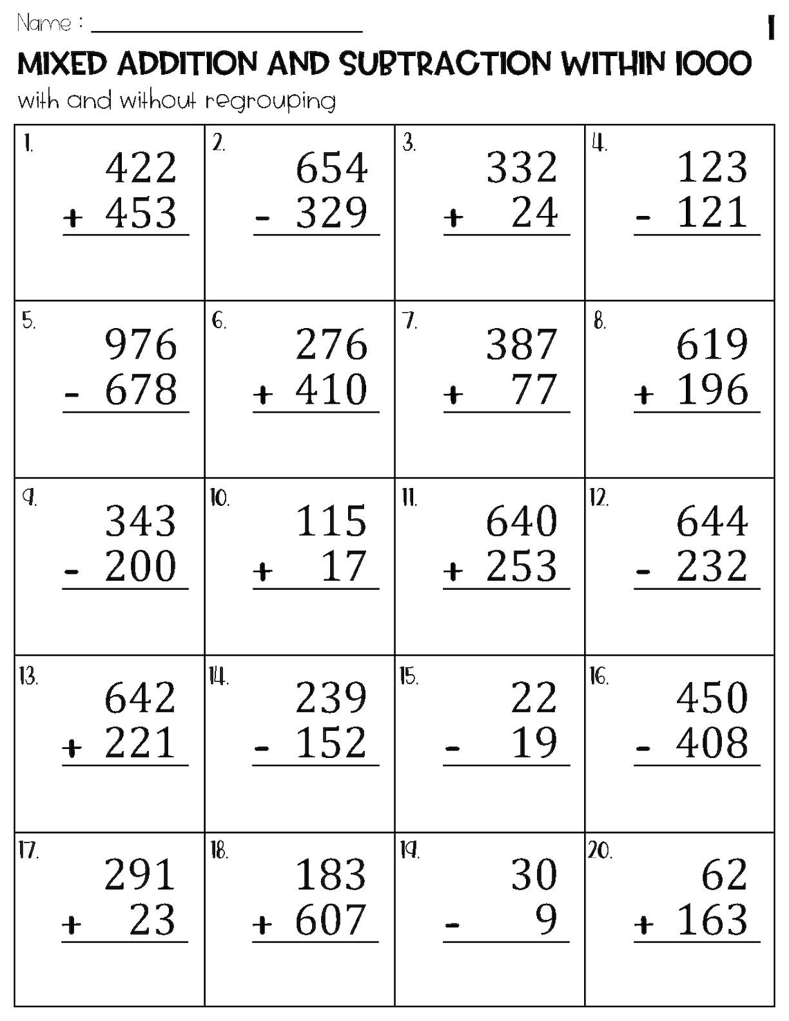 Mixed Addition and Subtraction Within 1000 Worksheets - Etsy