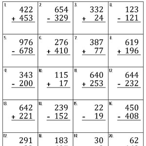 Mixed Addition and Subtraction Within 1000 Worksheets - Etsy