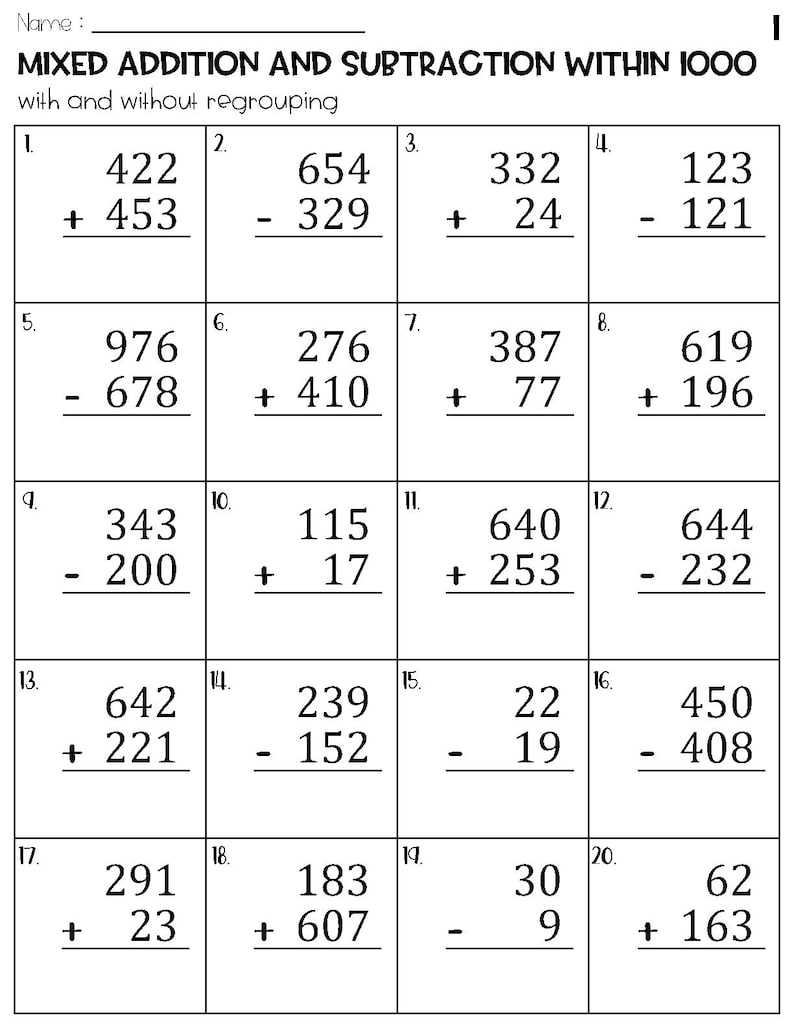 Mixed Addition and Subtraction Within 1000 Worksheets - Etsy
