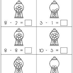 Subtraction With Pictures Within 10 Worksheets - Subtracting Gumballs ...