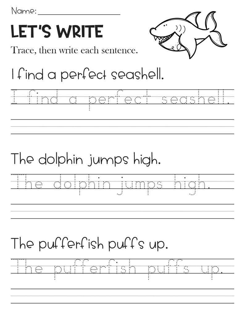 Sentence Writing and Tracing Handwriting Practice - Ocean Theme - Etsy
