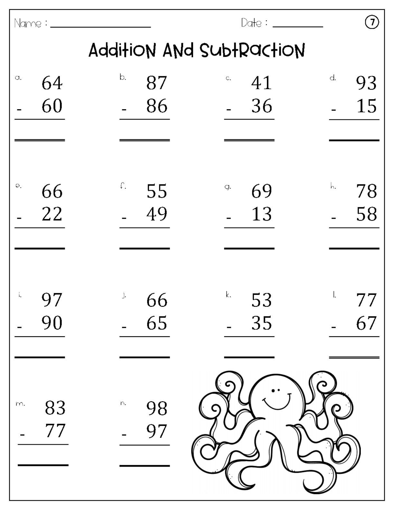 2 Digit Addition and Subtraction Worksheets - Set2 Ocean Theme Math ...