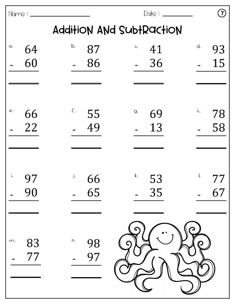 2 Digit Addition and Subtraction Worksheets - Set2 Ocean Theme Math ...