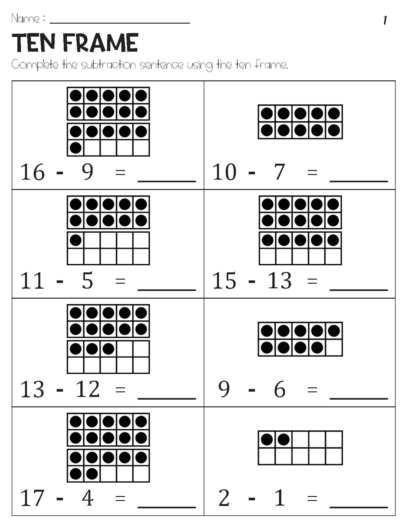 Subtraction Within 20 With Ten Frame Pictures Worksheets - Etsy