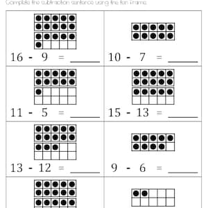 Subtraction Within 20 With Ten Frame Pictures Worksheets - Etsy