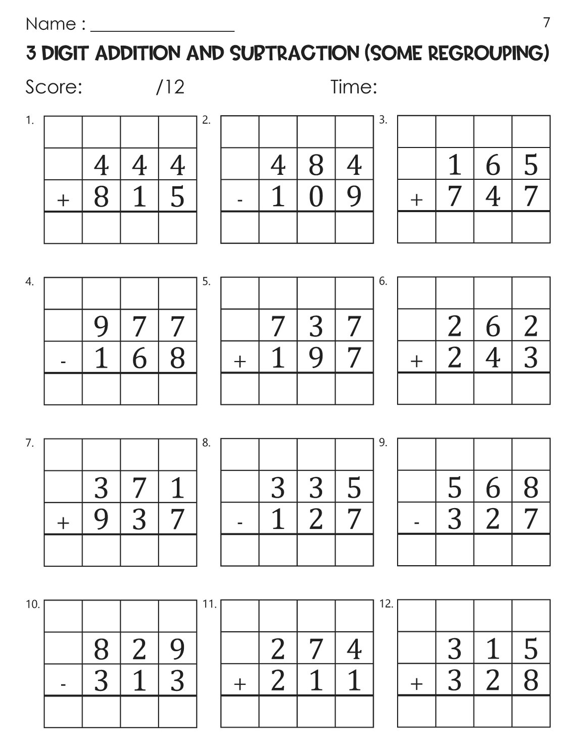 Three Digit Mixed Addition and Subtraction Some Regrouping With Grid ...