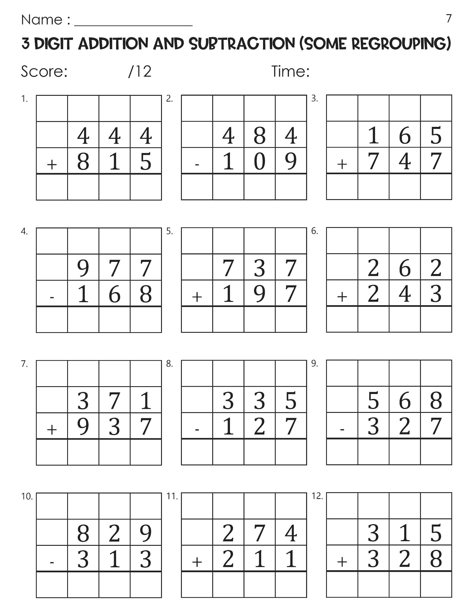 Three Digit Mixed Addition and Subtraction Some Regrouping With Grid ...