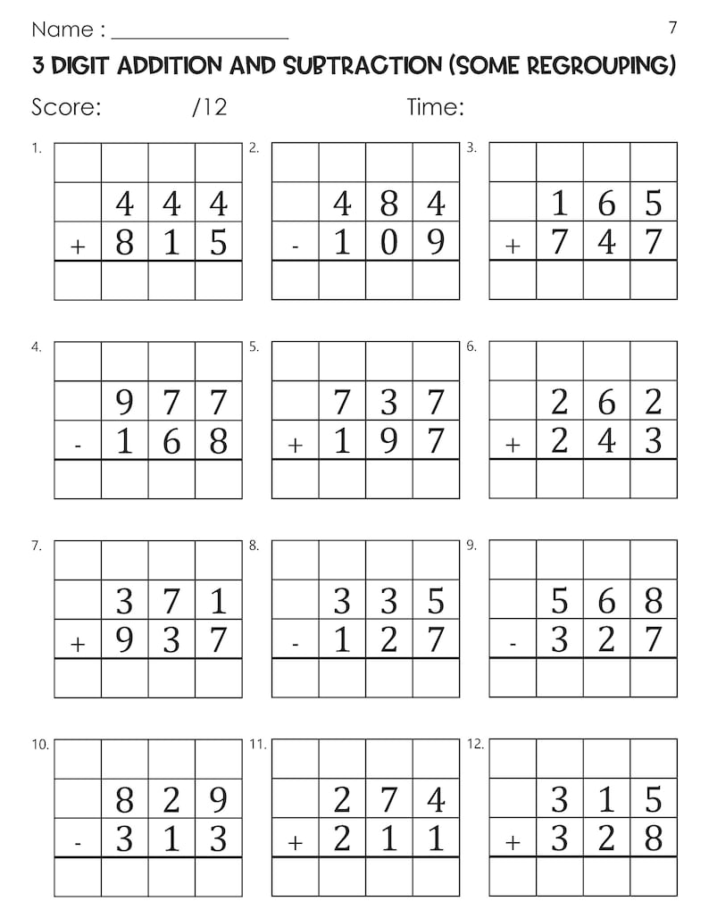 Three Digit Mixed Addition and Subtraction Some Regrouping With Grid ...