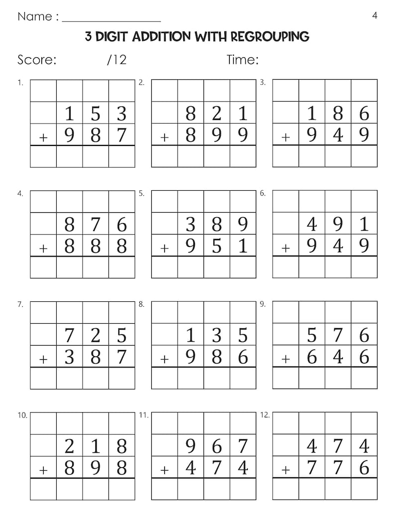 3 Digit Addition With Regrouping Worksheets - Etsy