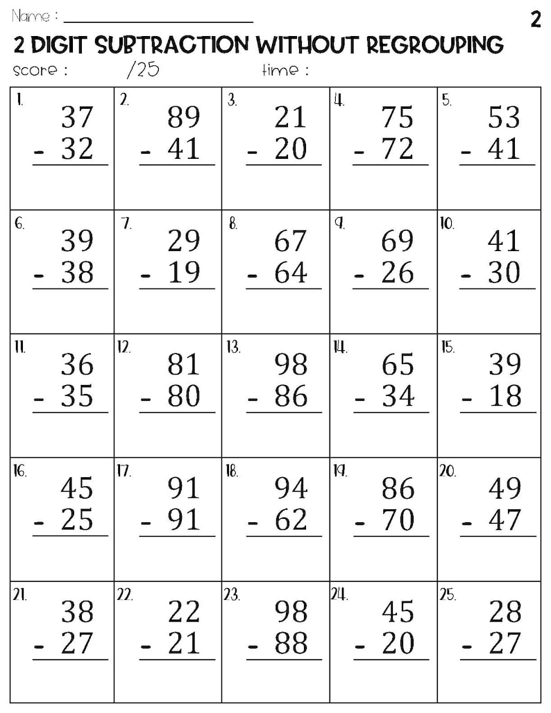 Two Digit Subtraction Without Regrouping Worksheets - Etsy