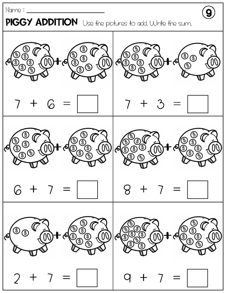 Addition With Pictures Sum up to 20 Worksheets - Adding Piggy Pictures ...