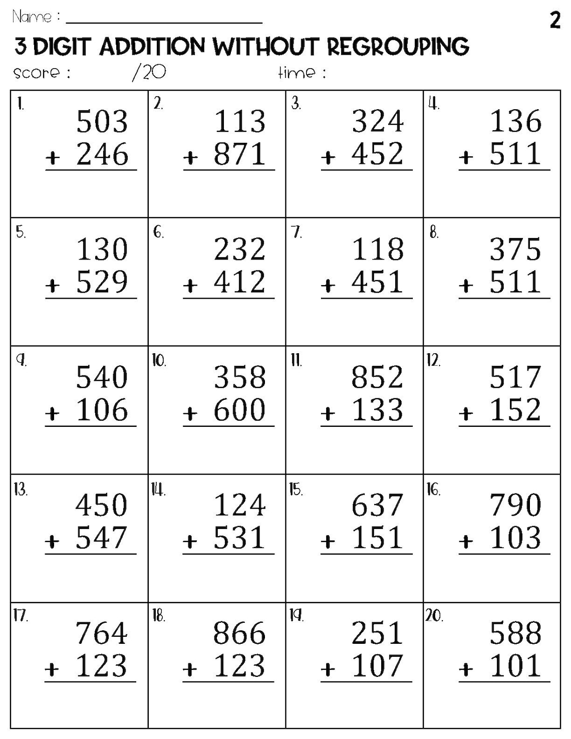 Three Digit Addition Without Regrouping Worksheets - Etsy