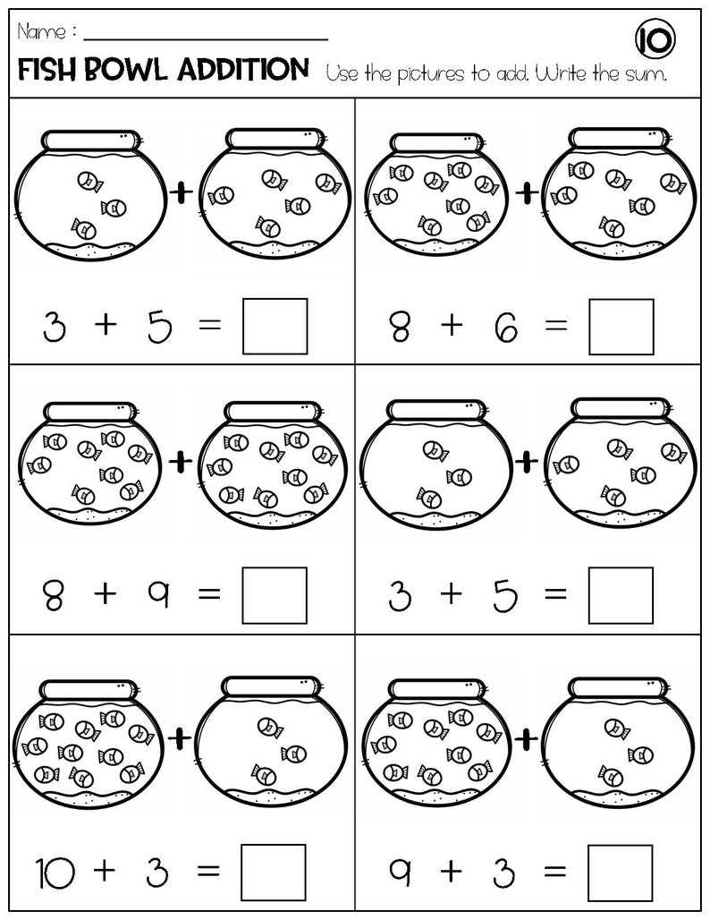 Addition With Pictures Sum up to 20 Worksheets - Adding Fish Bowls ...