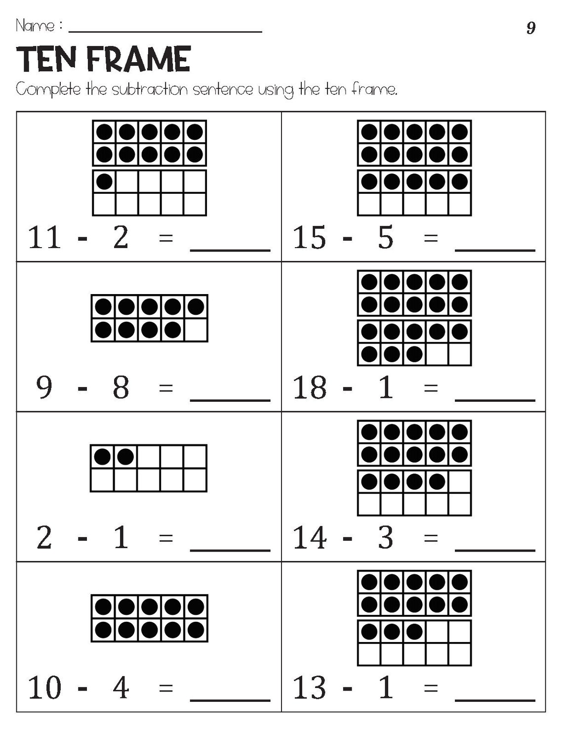 Subtraction Within 20 With Ten Frame Pictures Worksheets - Etsy