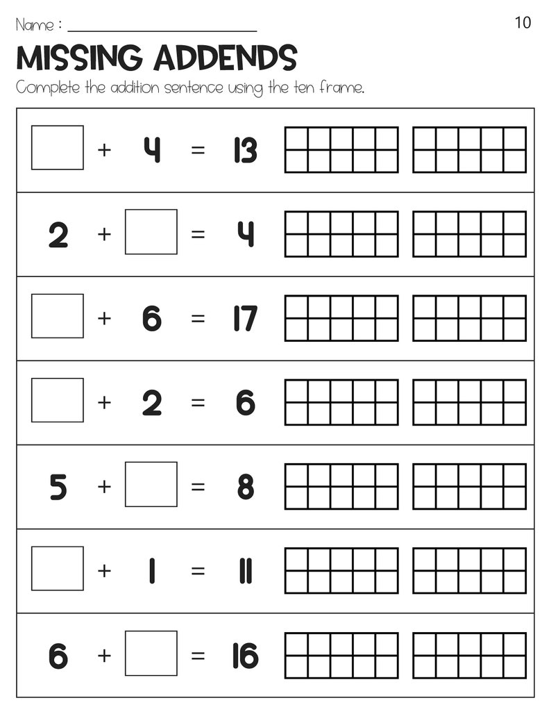Missing Addends to 20 With Ten Frame Worksheets - Etsy