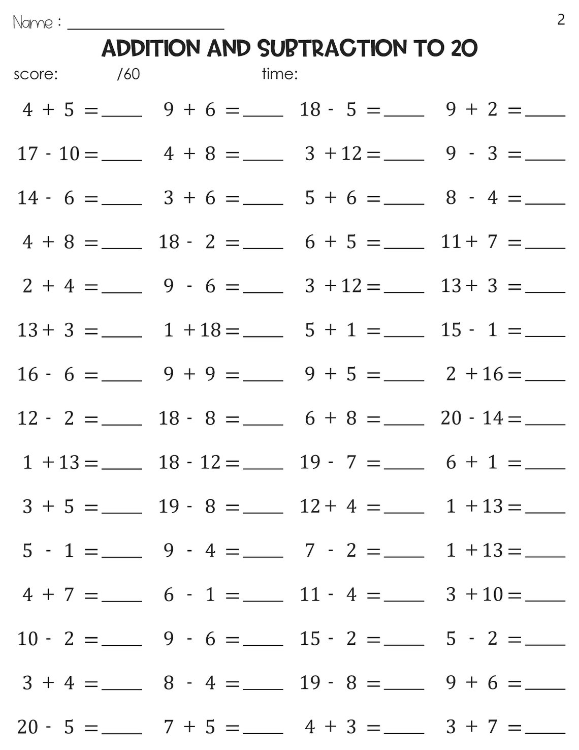Math Fact Fluency Addition and Subtraction to 20 Timed Tests Practice ...