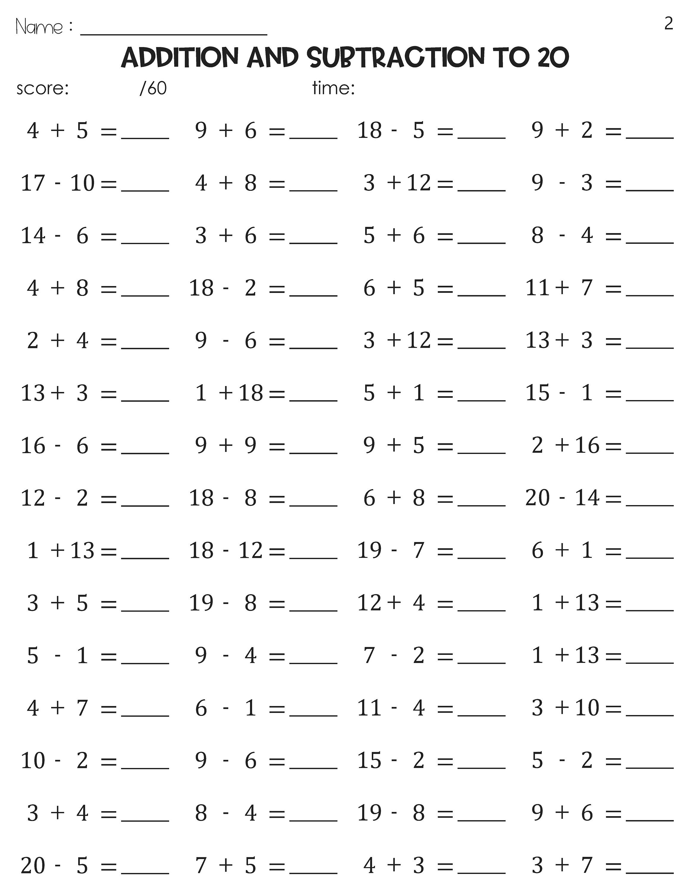 Math Fact Fluency Addition and Subtraction to 20 Timed Tests Practice ...