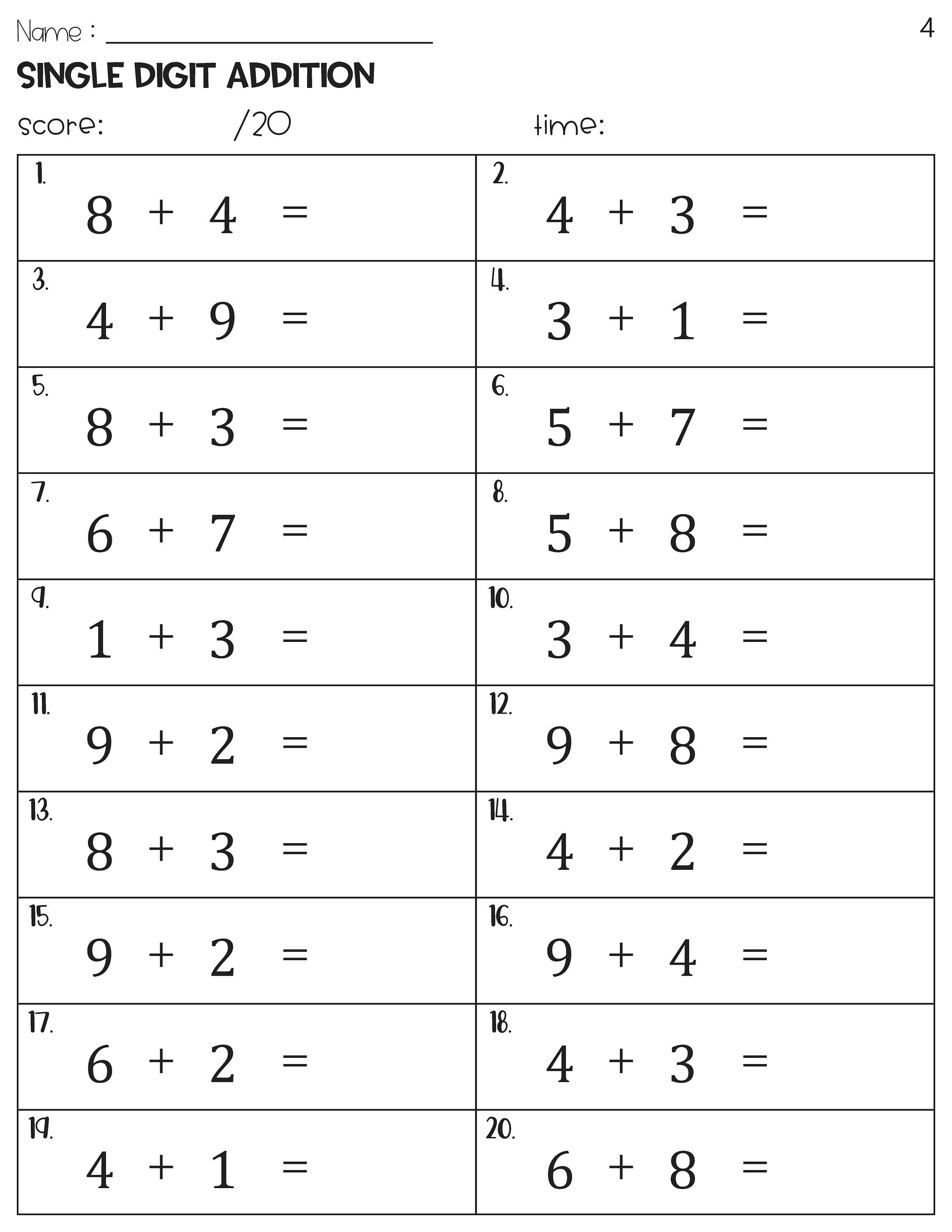 Horizontal Single Digit Addition Worksheets - Etsy