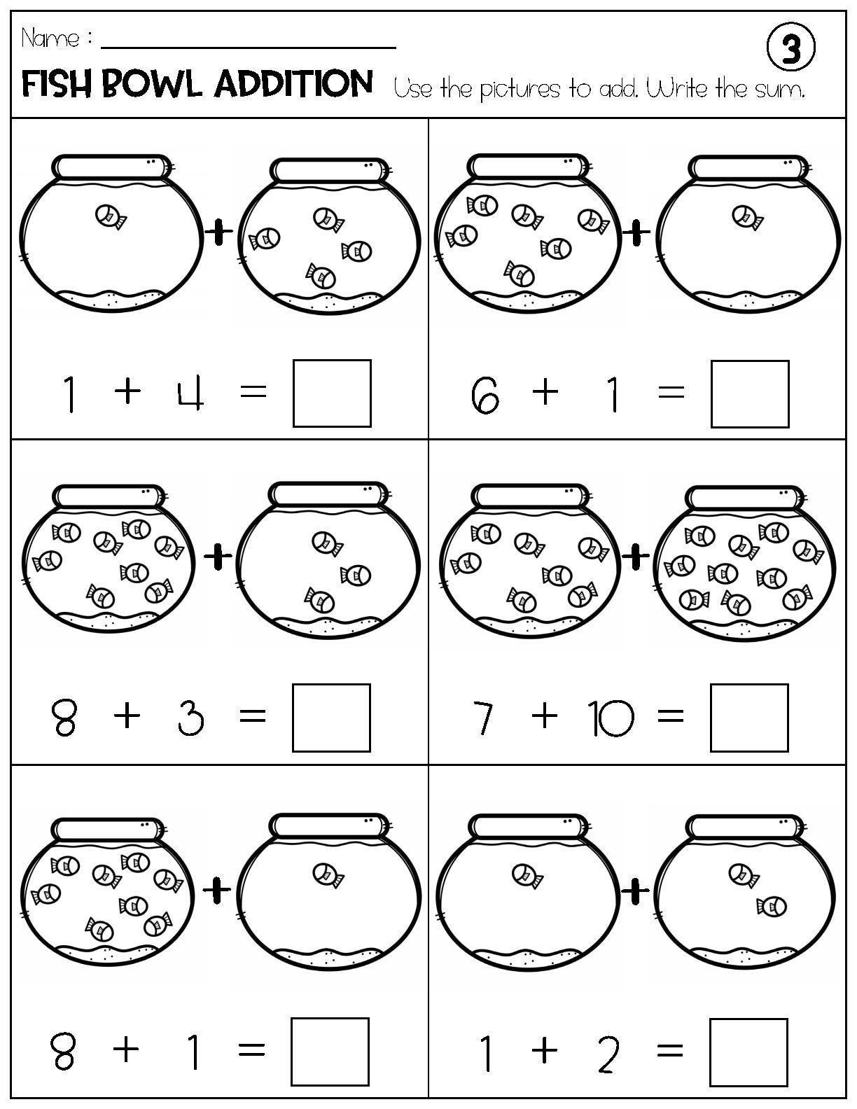 Addition With Pictures Sum up to 20 Worksheets - Adding Fish Bowls ...