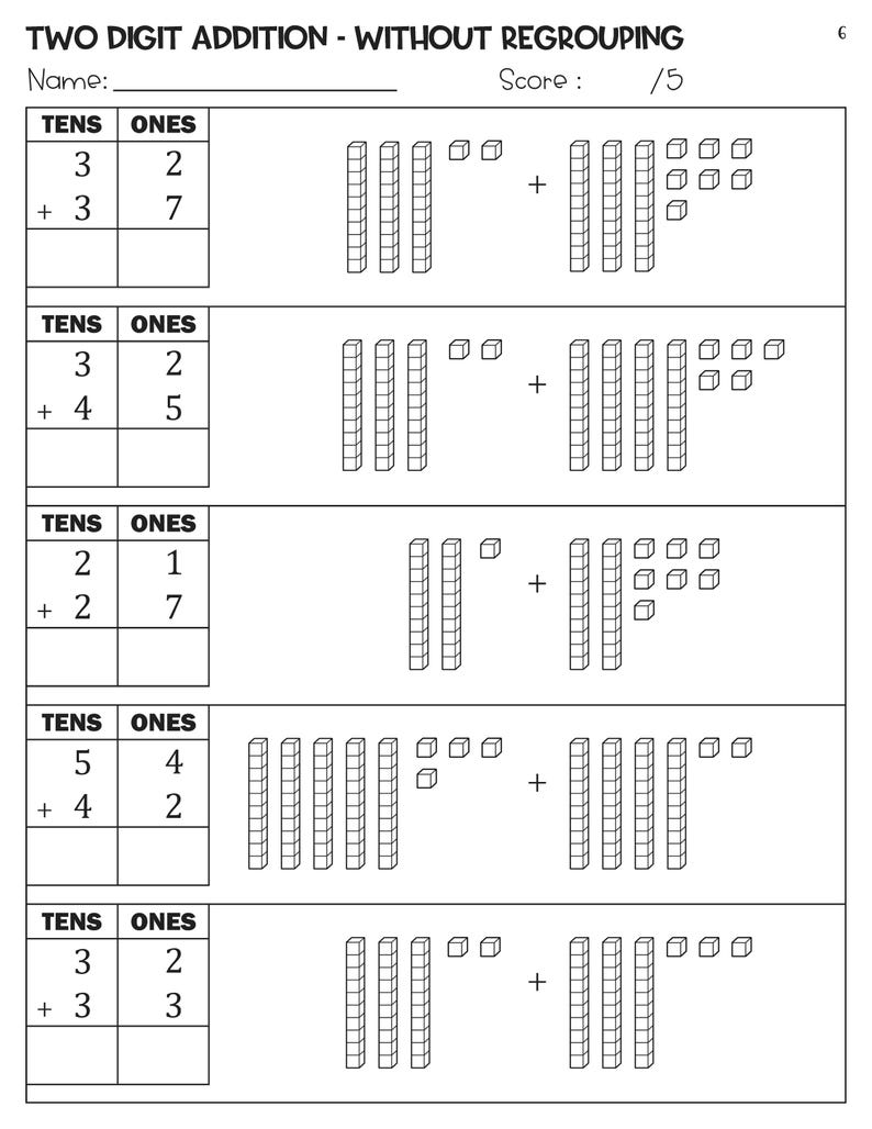 2 Digit Addition Without Regrouping With Base Ten Blocks Worksheets - Etsy