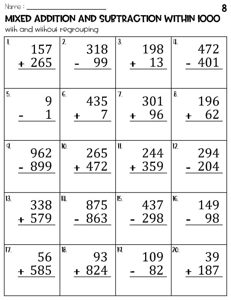 Mixed Addition and Subtraction Within 1000 Worksheets - Etsy