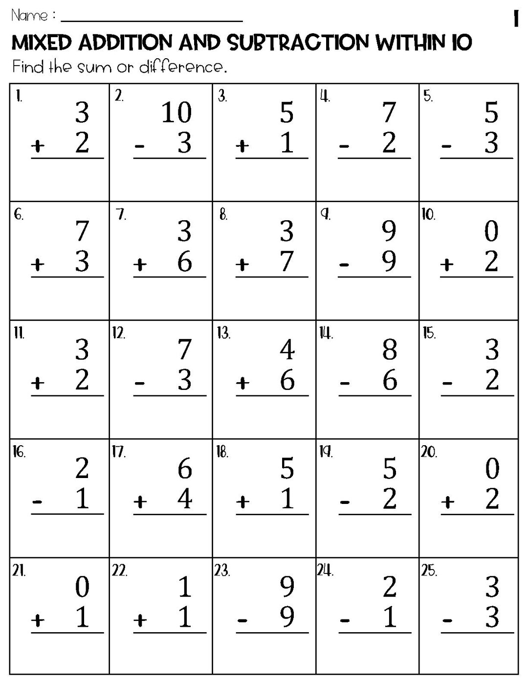 Mixed Addition and Subtraction Within 10 Worksheets - Etsy