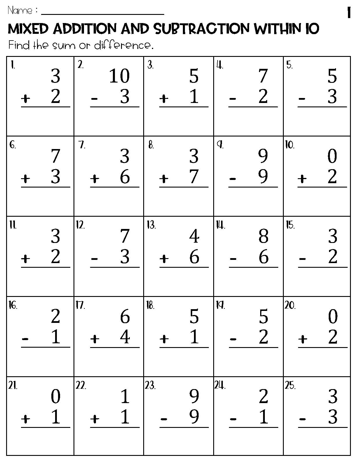 Mixed Addition and Subtraction Within 10 Worksheets - Etsy