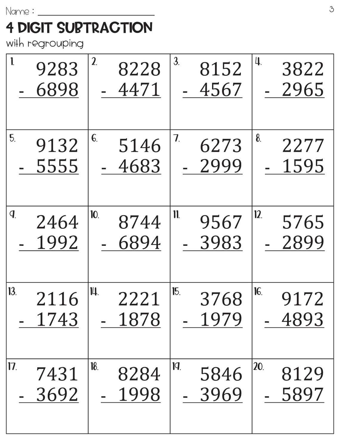 4 Digit Subtraction With Regrouping Worksheets - Etsy
