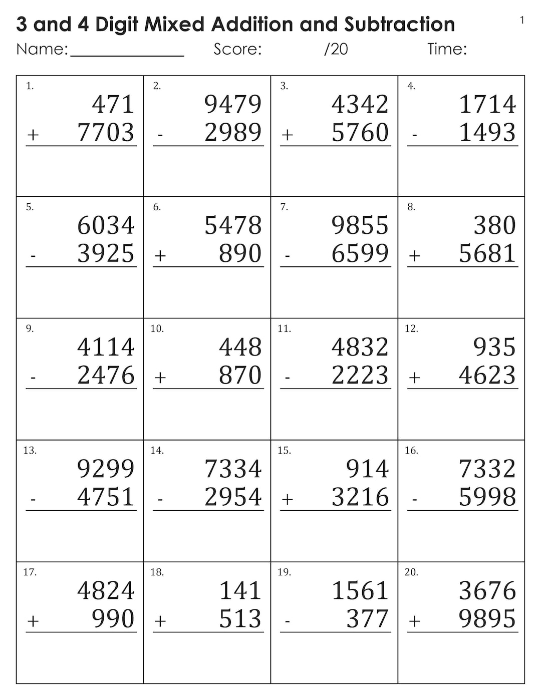 3 and 4 Digit Mixed Addition and Subtraction With Some Regrouping ...