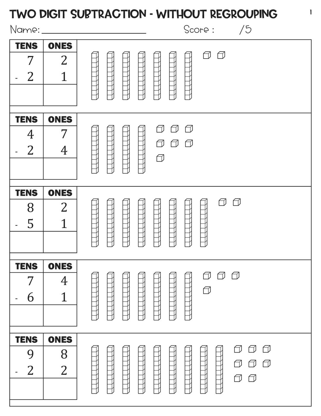 2 Digit Subtraction Without Regrouping With Base Ten Blocks Worksheets ...
