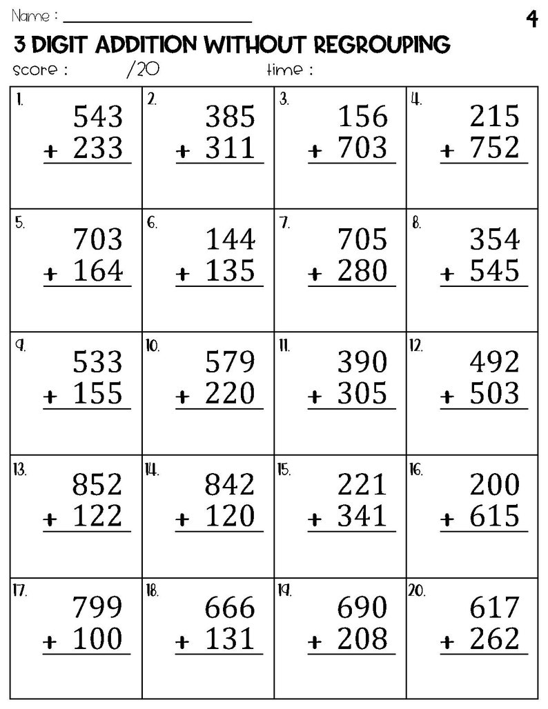 Three Digit Addition Without Regrouping Worksheets - Etsy
