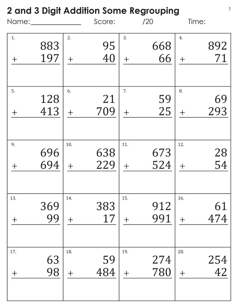 2 and 3 Digit Addition With Some Regrouping Worksheets - Etsy