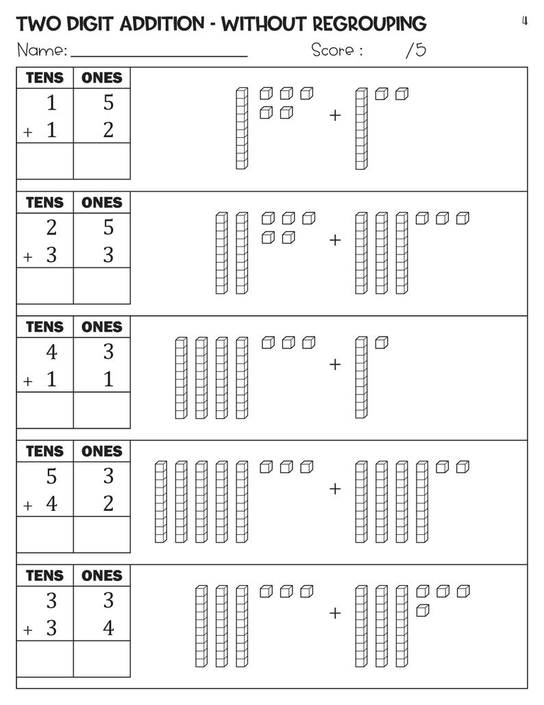 2 Digit Addition Without Regrouping With Base Ten Blocks Worksheets - Etsy
