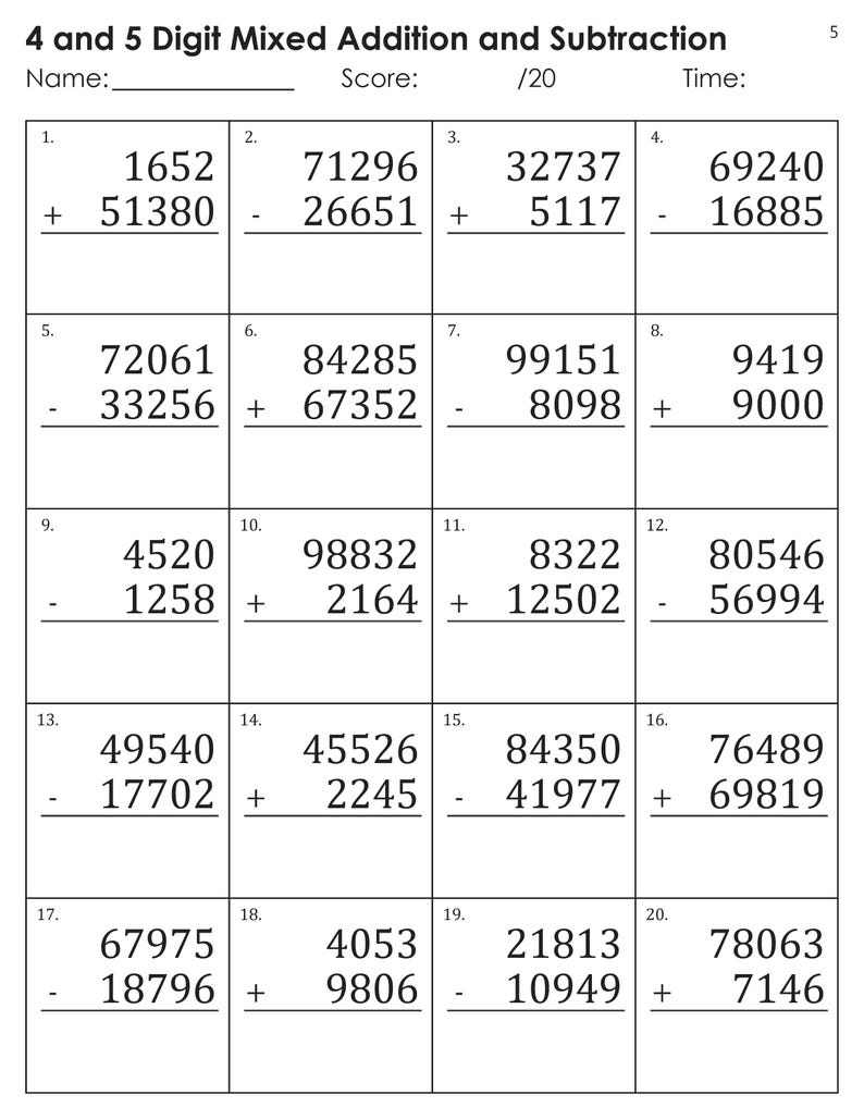 4 and 5 Digit Mixed Addition and Subtraction With Some Regrouping ...
