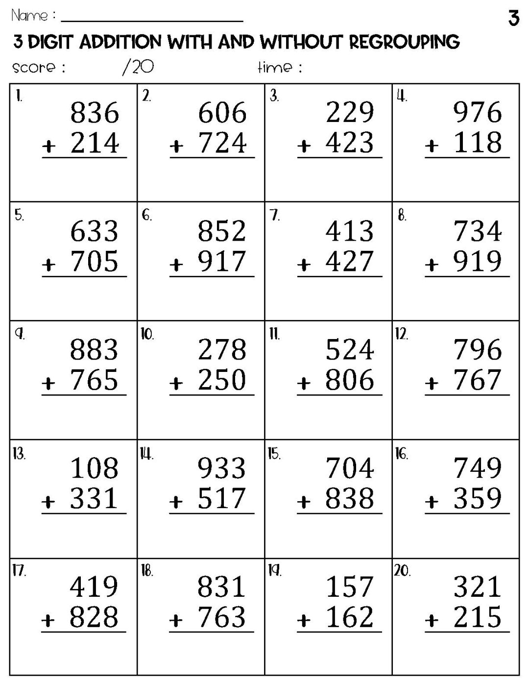 Three Digit Addition With and Without Regrouping Worksheets - Etsy