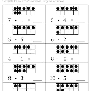 Subtraction Within 10 With Ten Frame Pictures Worksheets - Etsy