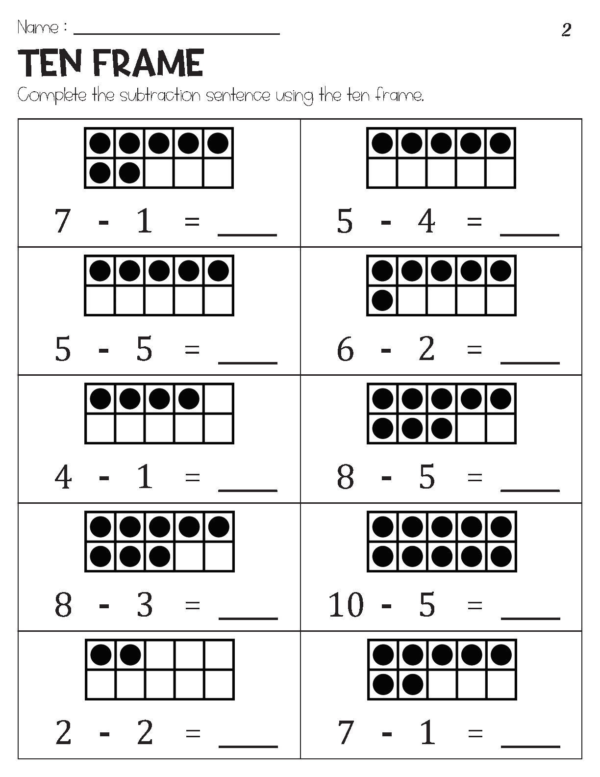 Subtraction Within 10 With Ten Frame Pictures Worksheets - Etsy