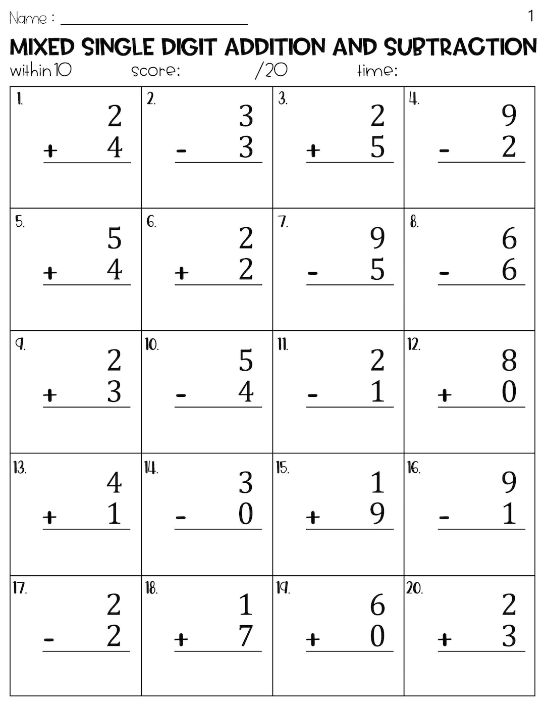 Mixed Single Digit Addition and Subtraction Within 10 Worksheets - Etsy