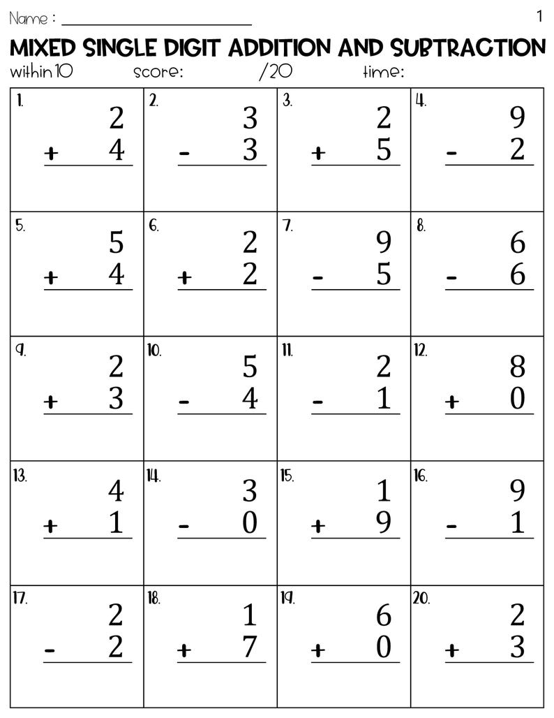 Mixed Single Digit Addition and Subtraction Within 10 Worksheets - Etsy